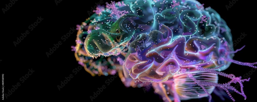 A 3D rendered model of a brain with specific cell types highlighted ...