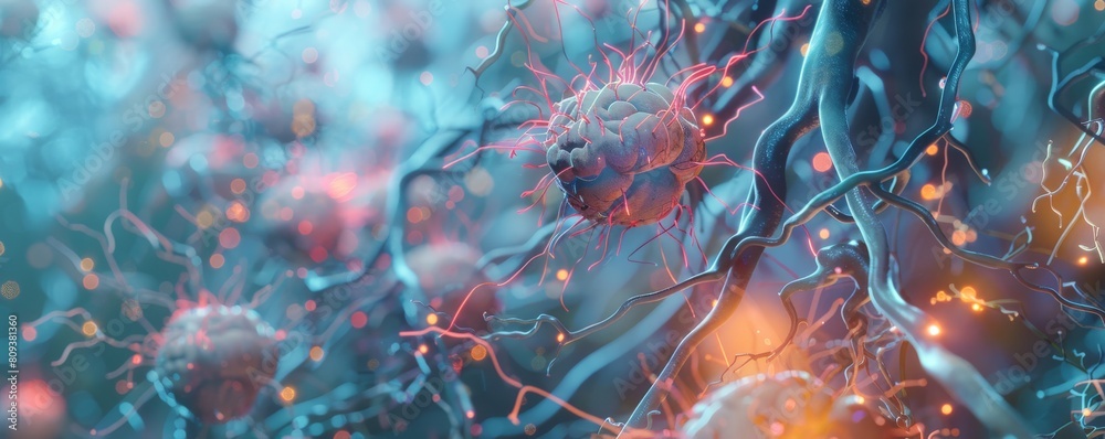 A 3D rendered model of a brain with specific cell types highlighted ...