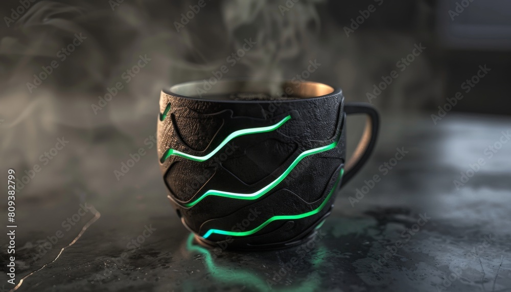A coffee cup made of a dark, matte material with a network of glowing ...