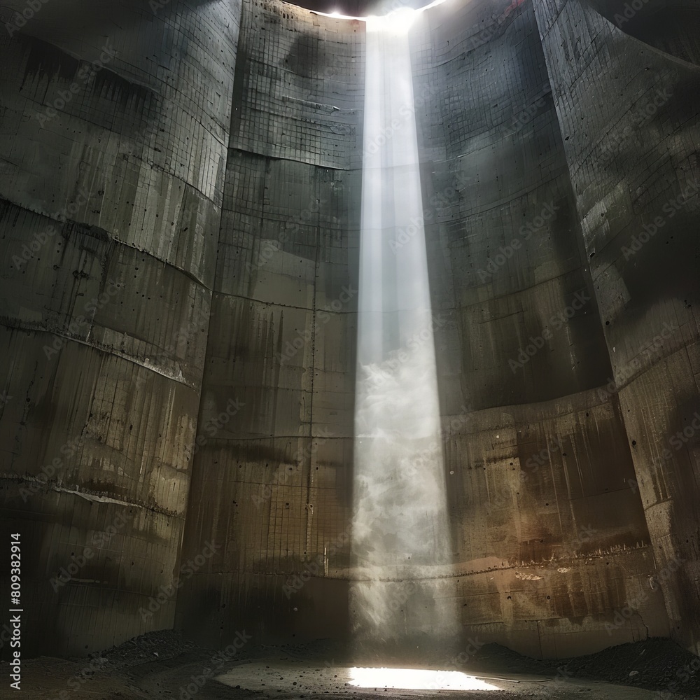 A concrete silo interior with a single beam of sunlight filtering ...