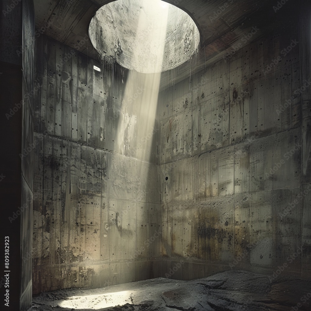A concrete silo interior with a single beam of sunlight filtering ...