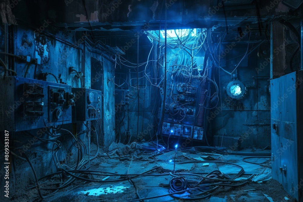 A derelict engineering bay filled with exposed wires and sparking ...