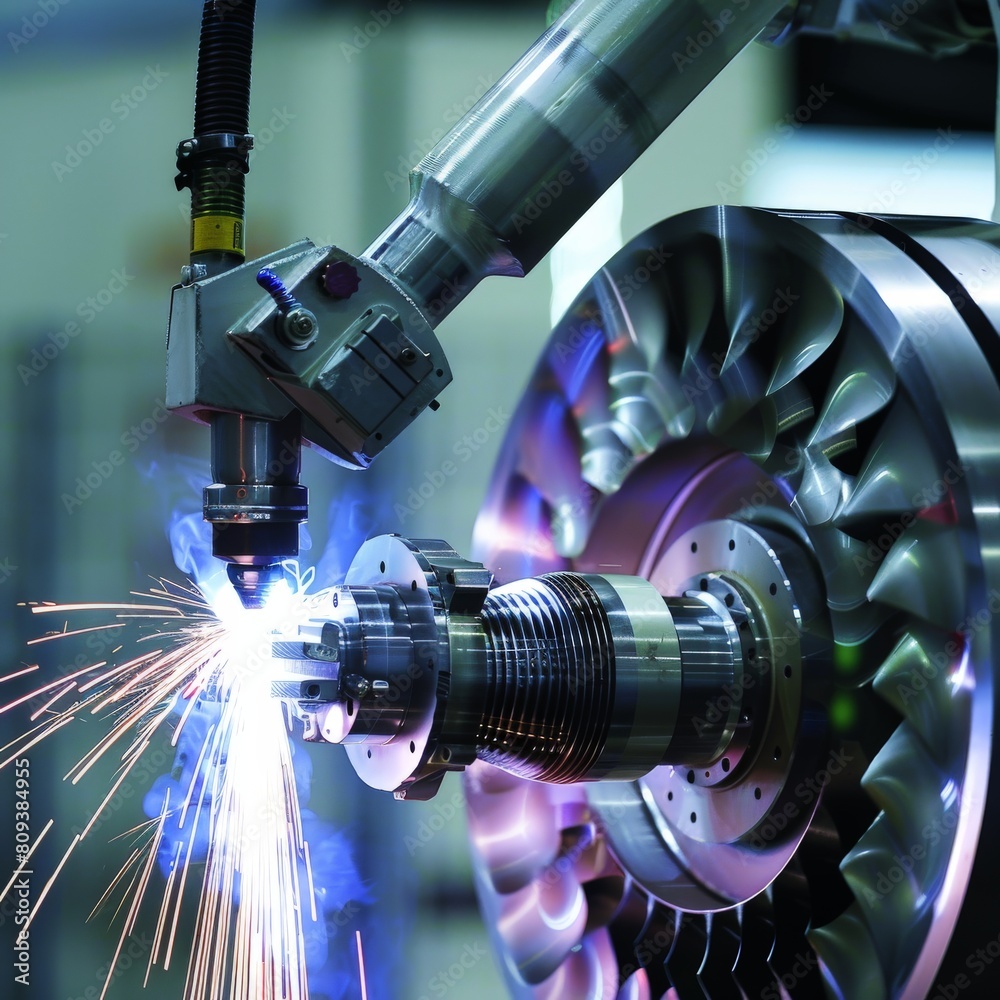 A robotic arm with a customized welding torch head, depositing a ...