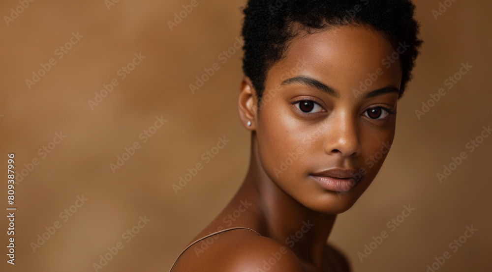 Studio portrait of an African American model in three-quarter profile ...