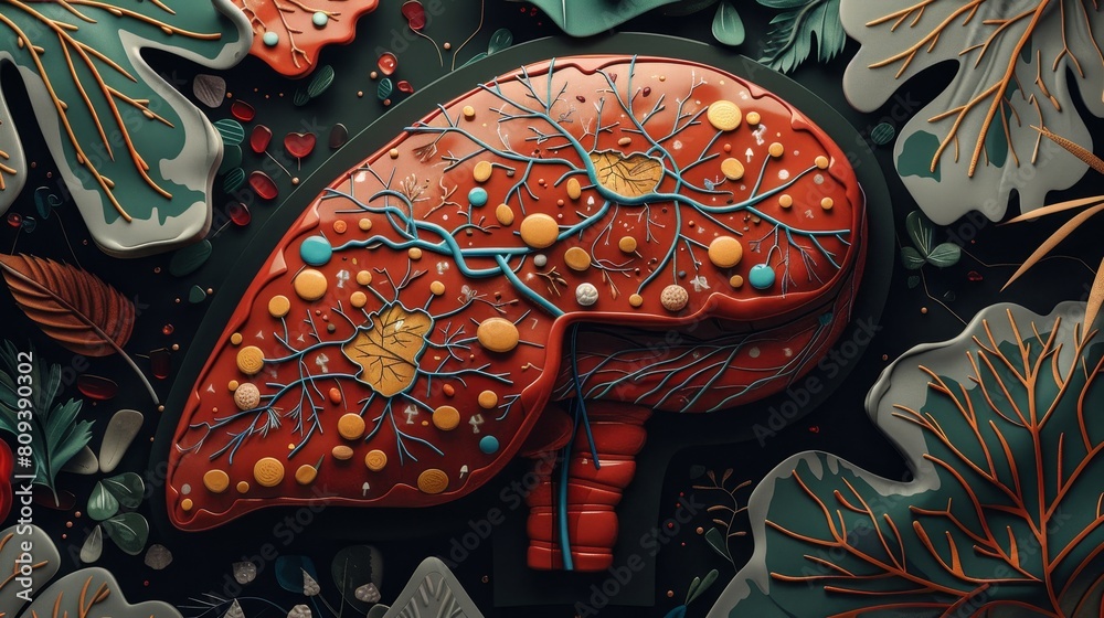 Anatomical cutaway illustration of the human liver, showcasing ...