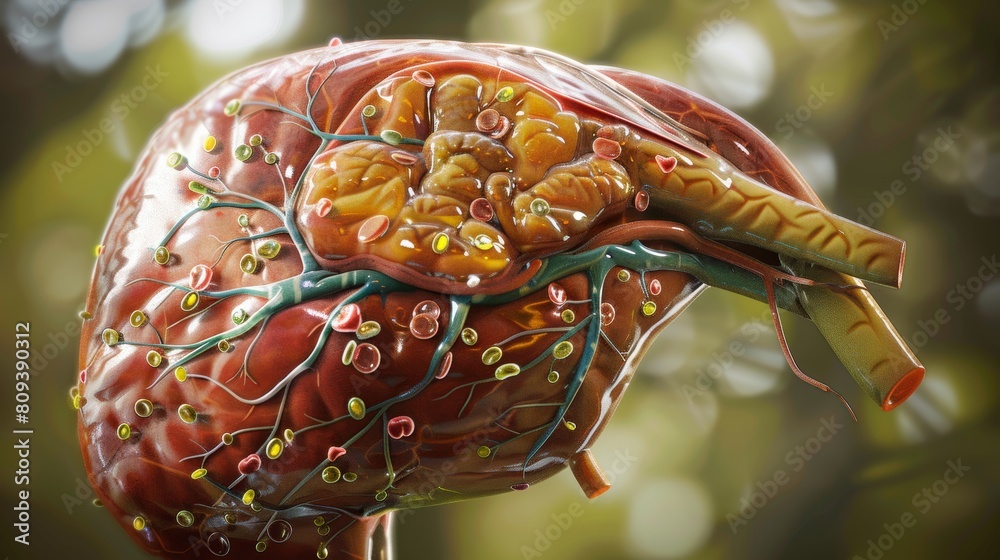 Anatomical cutaway illustration of the human liver, showcasing ...