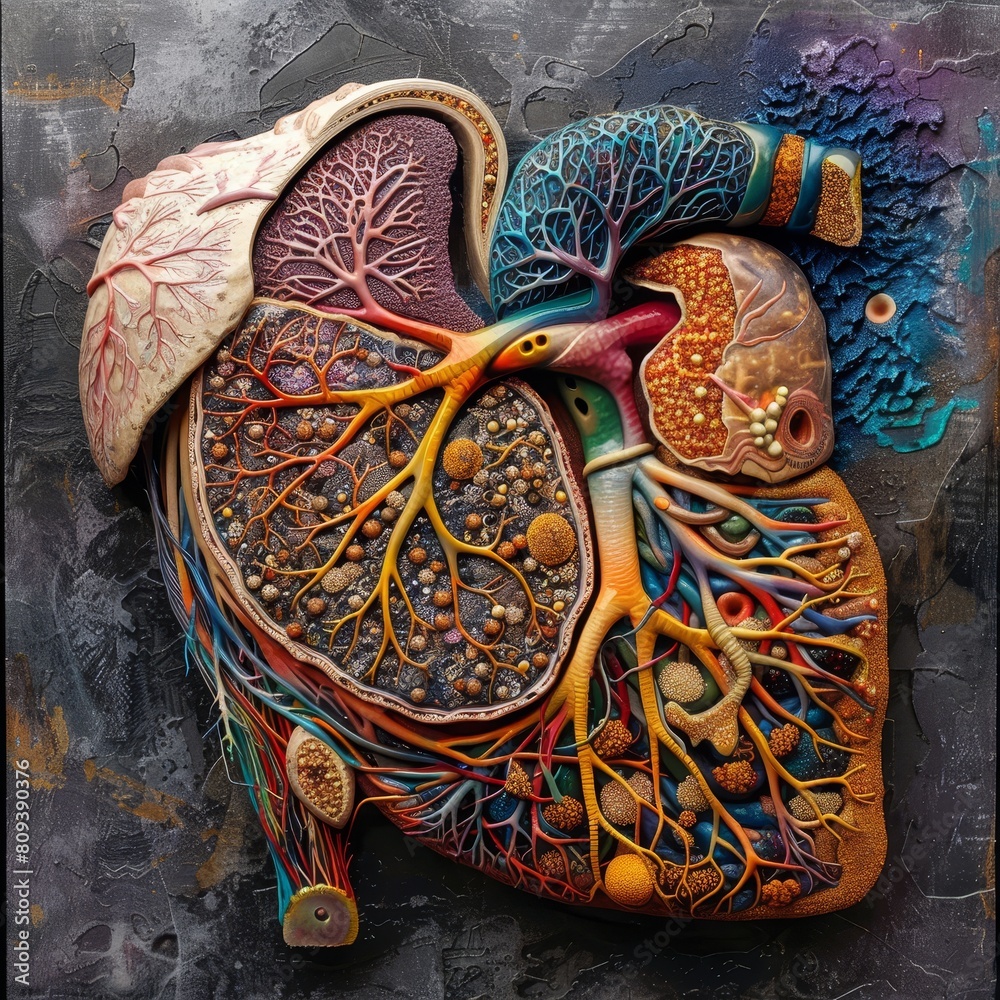 Anatomical cross-section of a human liver depicting the progression of ...