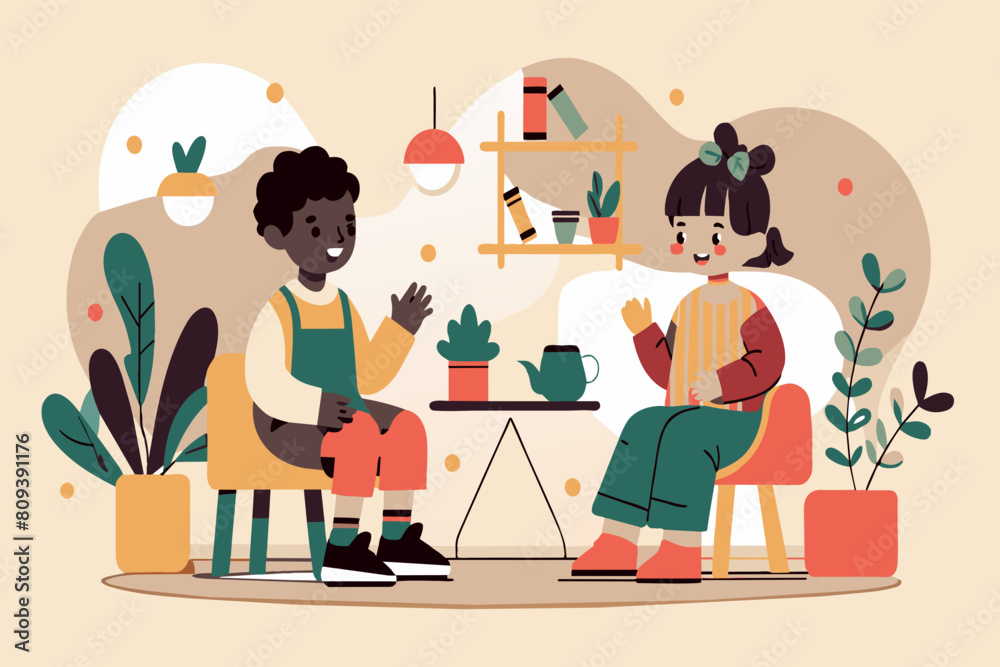 Cartoon illustration of two people sitting and chatting Stock Vector ...