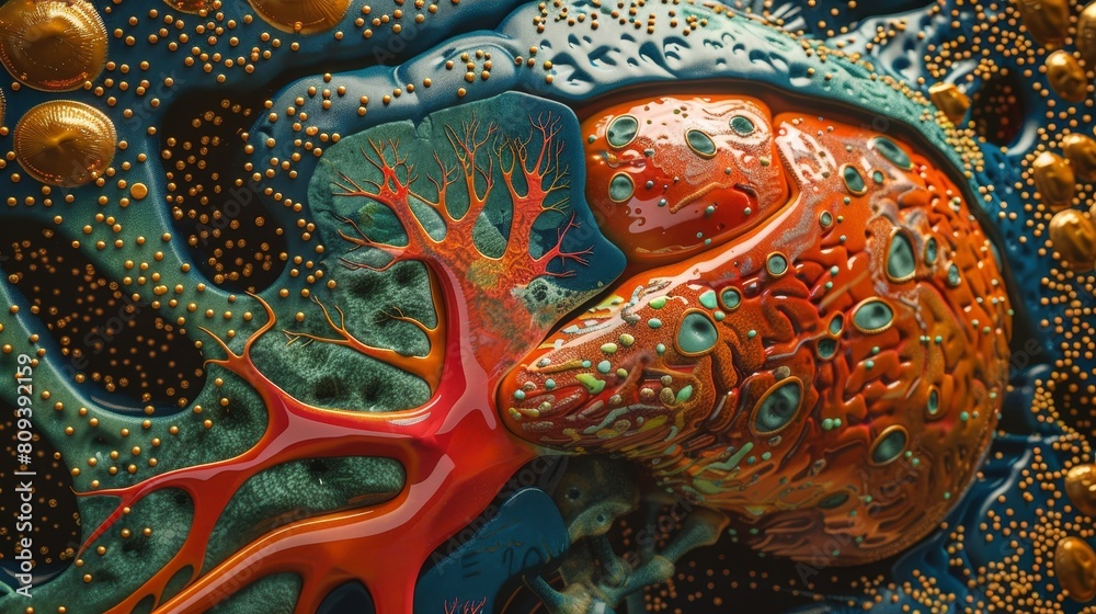 Close-up, cutaway illustration of the human liver, showing detailed ...