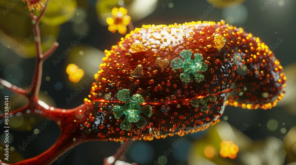 Detailed microscopic image of human liver cells, intricately showing ...