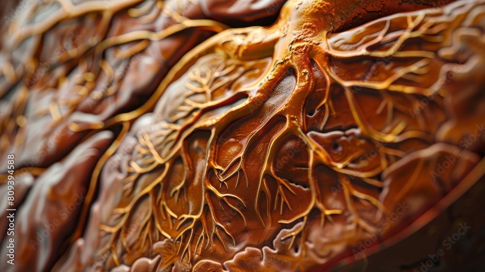 Detailed close-up of a cutaway human liver illustration, highlighting ...