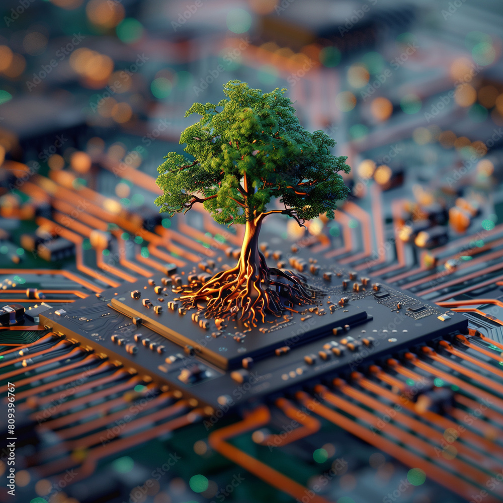 Small tree on top of a microchip of an electronic circuit board ...