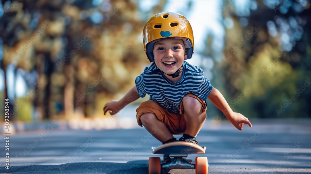 Joyful child skateboarding in a park, smiling widely as he zooms along ...