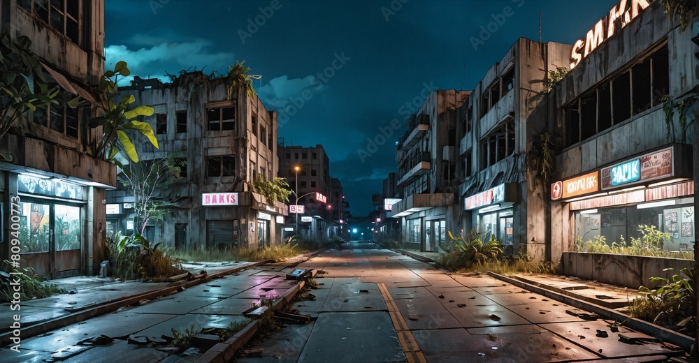 Abandoned post apocalyptic cyberpunk city overgrowth buildings at night ...