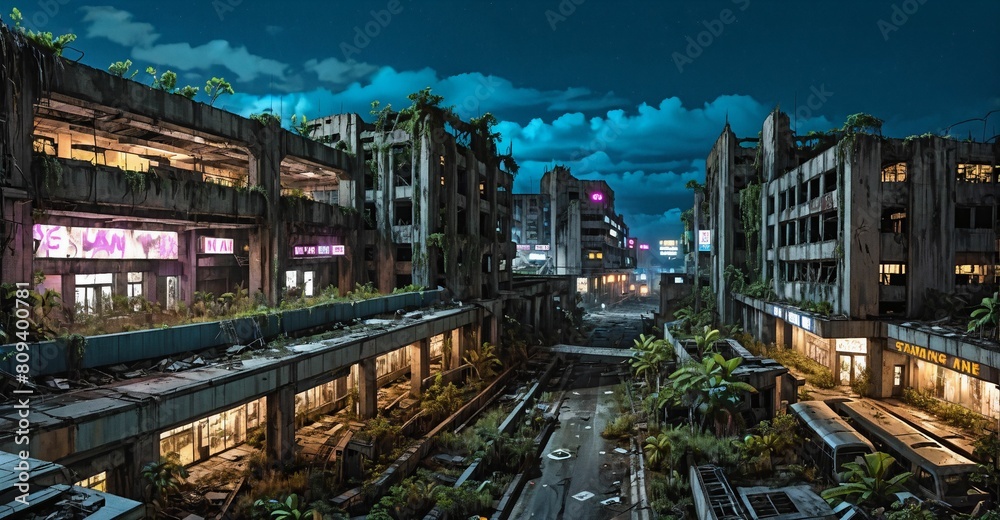 Abandoned post apocalyptic cyberpunk city overgrowth buildings at night ...