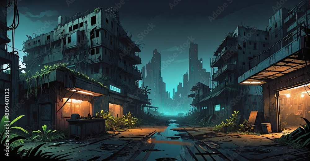 Gothic cyberpunk sci-fi dystopian overgrowth city at night. Abandoned, aged, old overgrown town ...