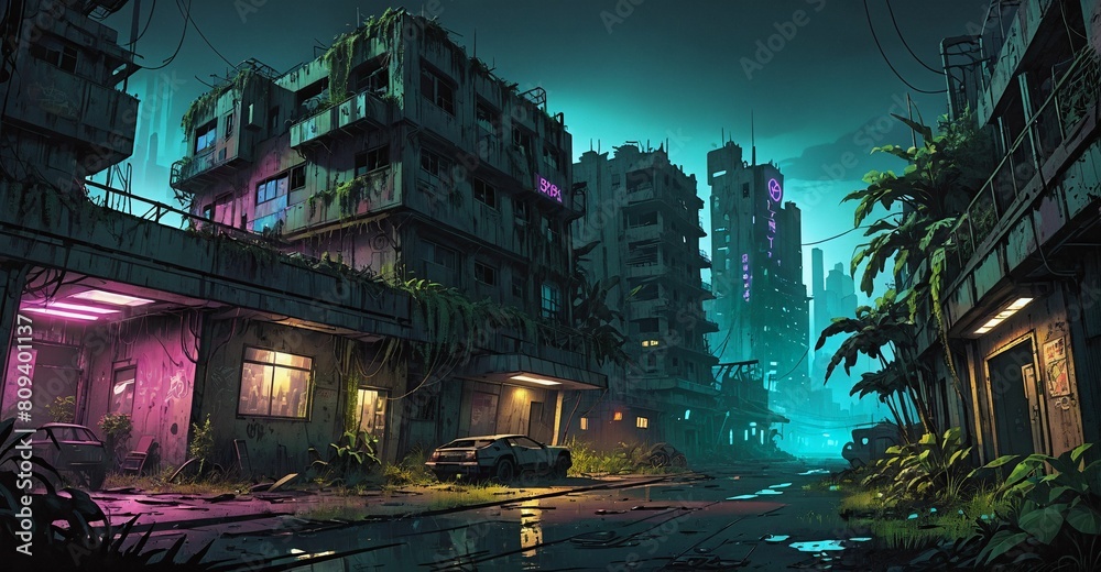 Gothic cyberpunk sci-fi dystopian overgrowth city at night. Abandoned ...