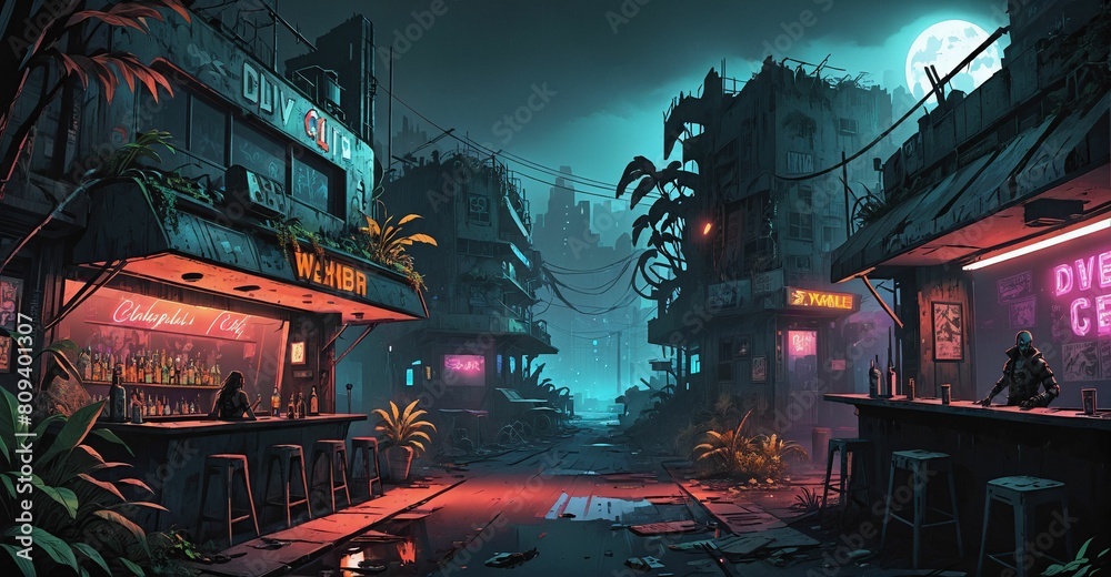 Gothic cyberpunk dystopian overgrowth city at night. Market district ...