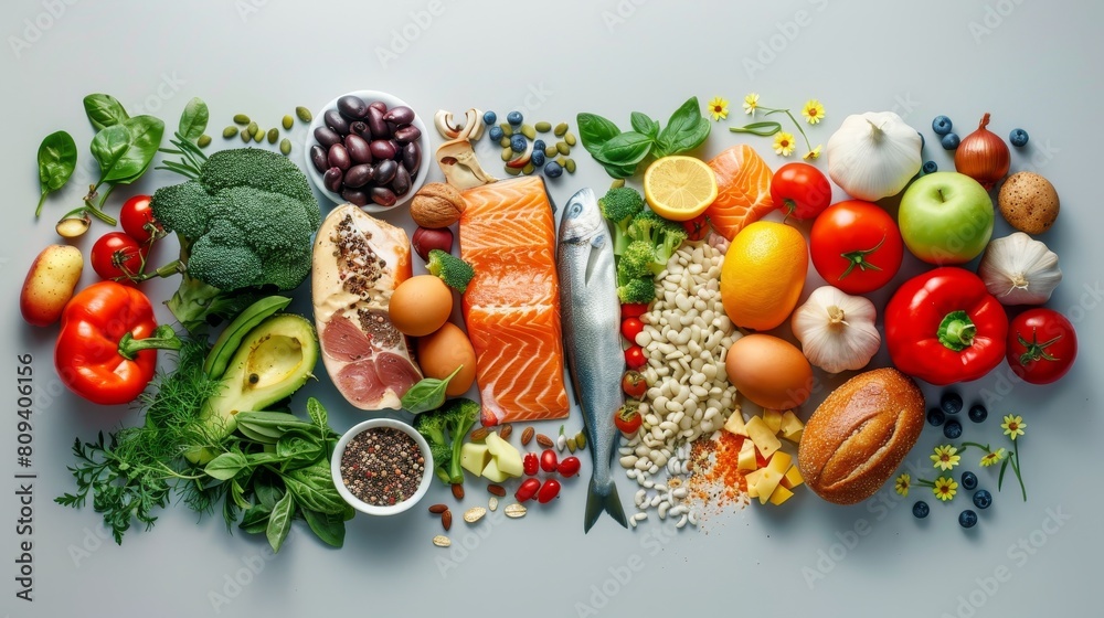 Bright and detailed top view of an arrangement of five food groups ...