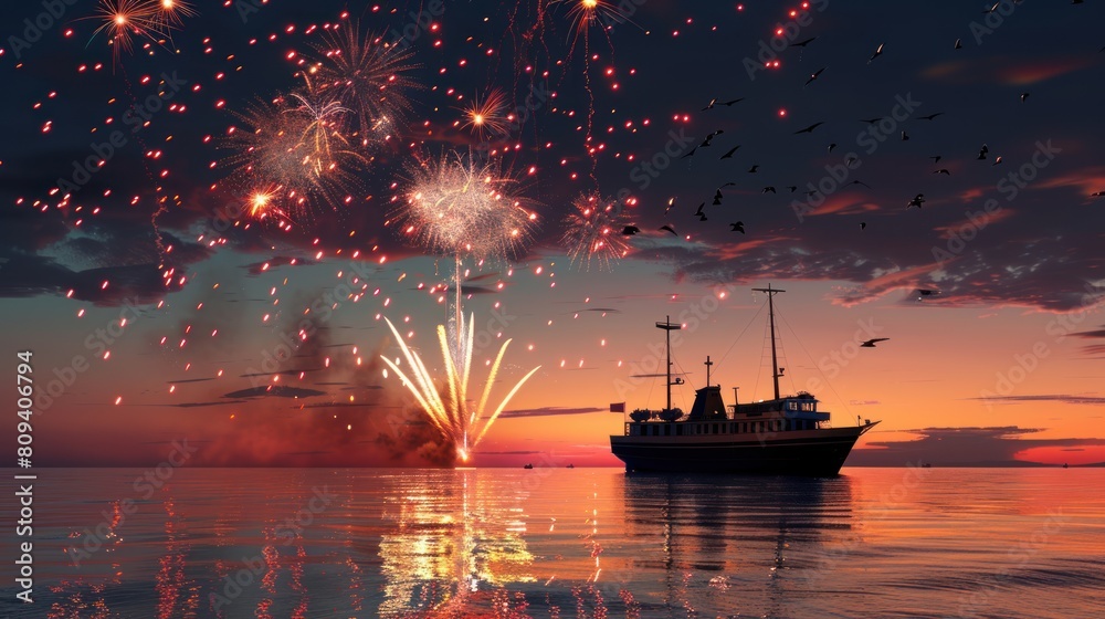Celebratory Fireworks Display from a Ship: Illustrate a ship launching ...