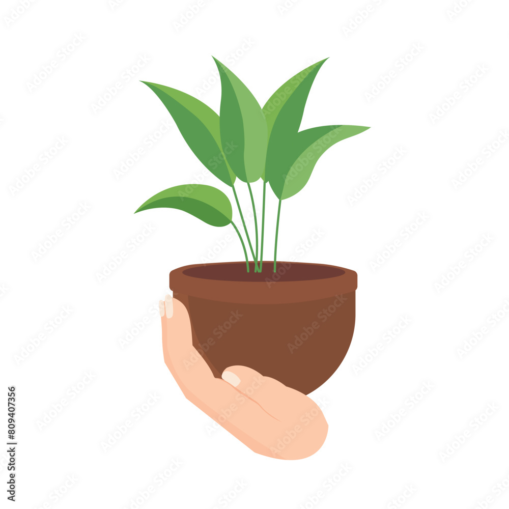 Hand carrying potted plants, hand holding plant pot, care nature symbol ...