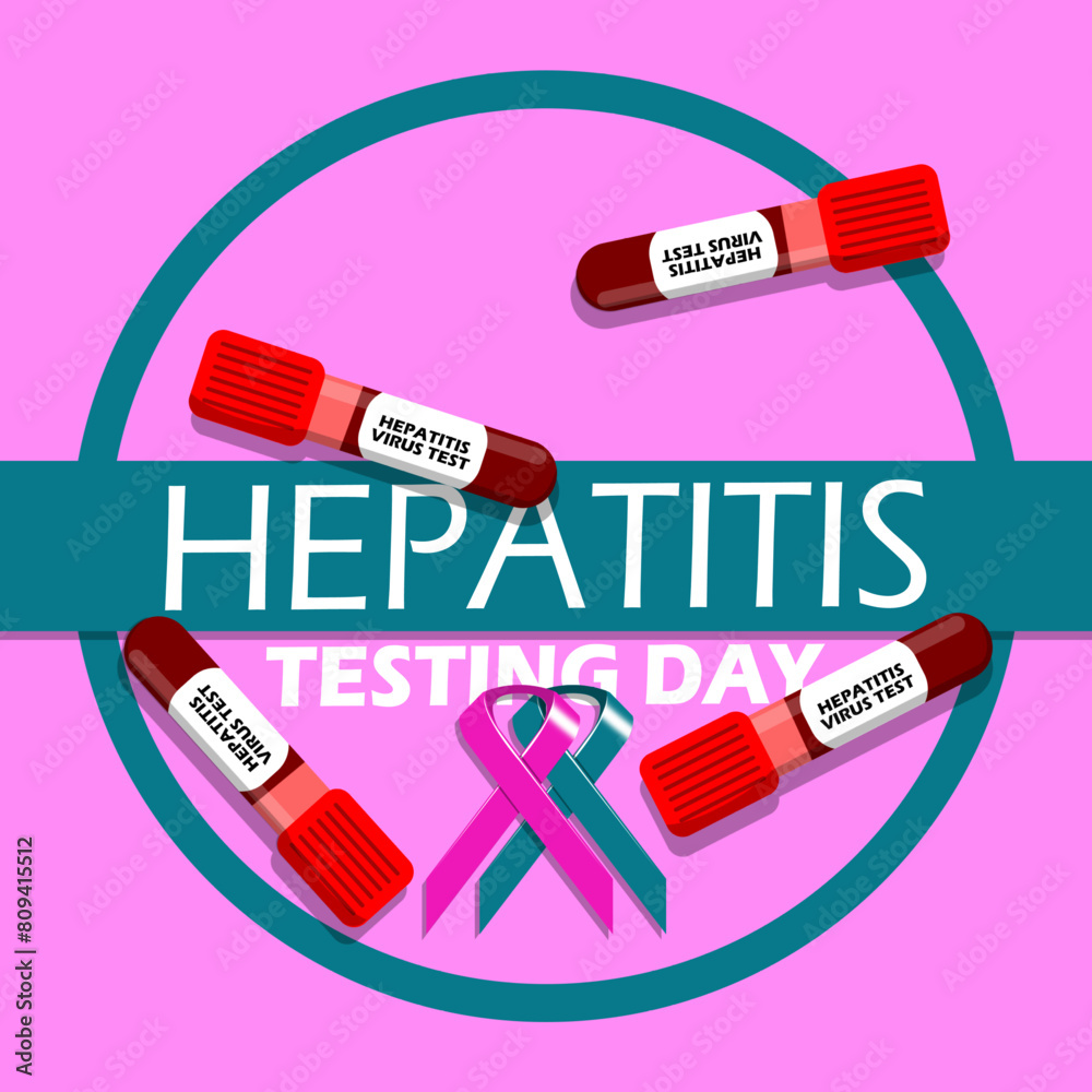 Hepatitis Testing Day event banner. Several tubes contain blood for ...