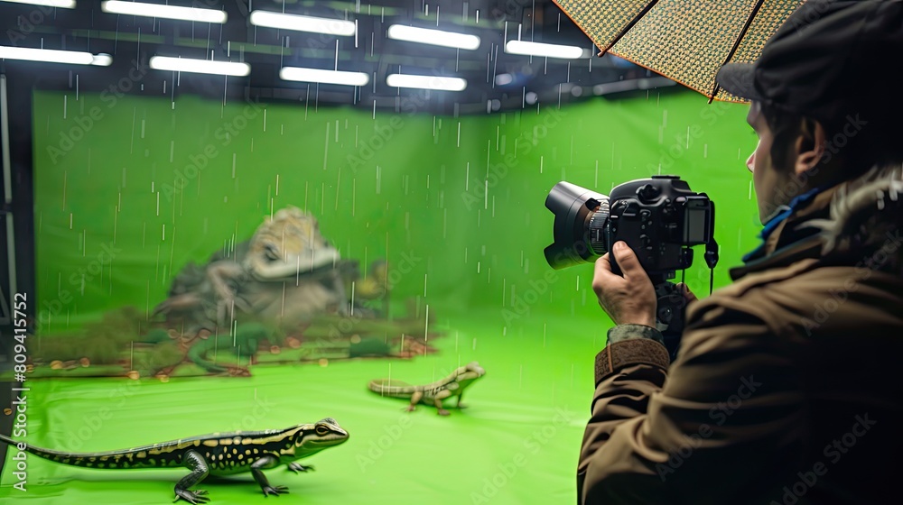 weather forecaster giving the forecast on a green screen, with animated ...