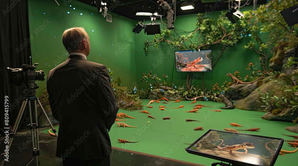 weather forecaster giving the forecast on a green screen, with animated lizards and salamanders ...