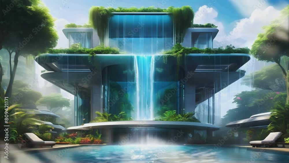 luxury glass-walled villas with artificial waterfalls and beautiful ...