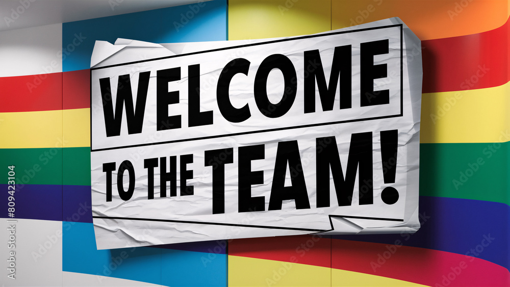 "Welcome to the Team!" Crumpled Banner Over a Curved Rainbow-Colored ...