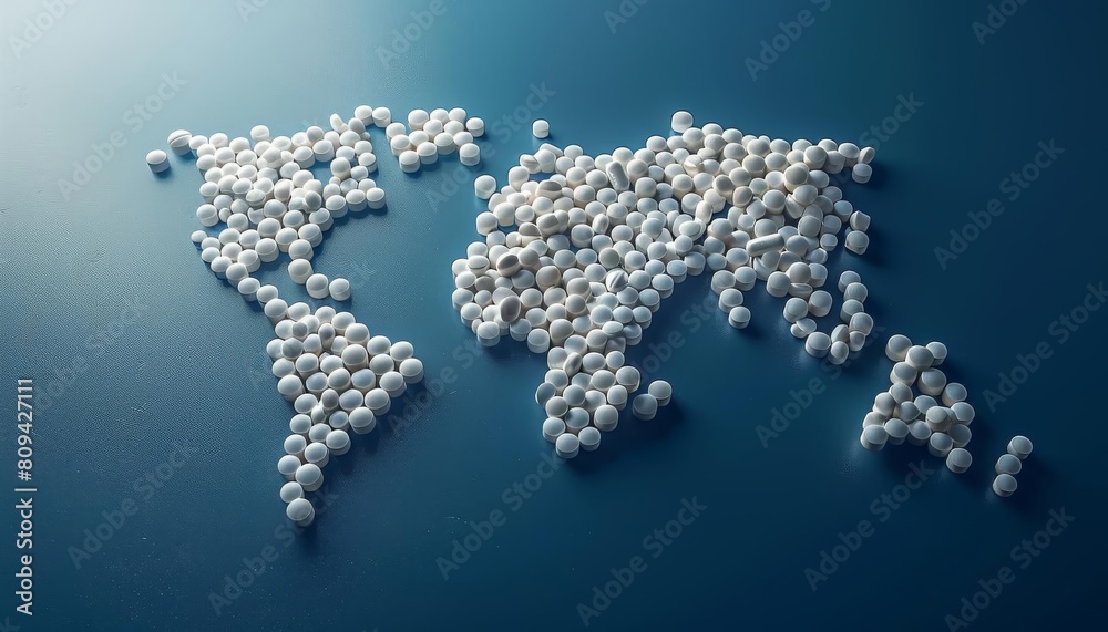 Pills forming a map of the world on a blue background, illustrating ...