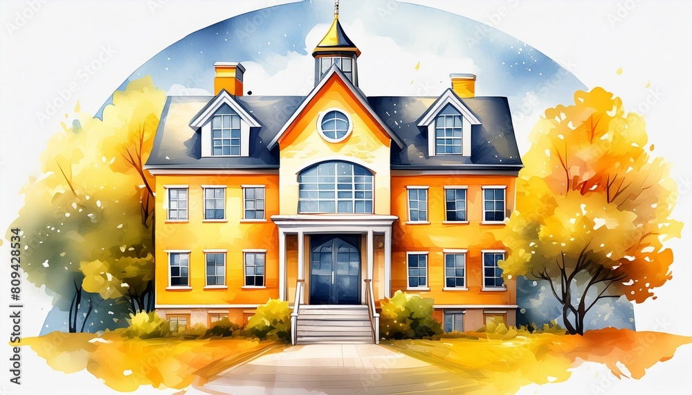 watercolor school house clip art, architecture illustration. School ...