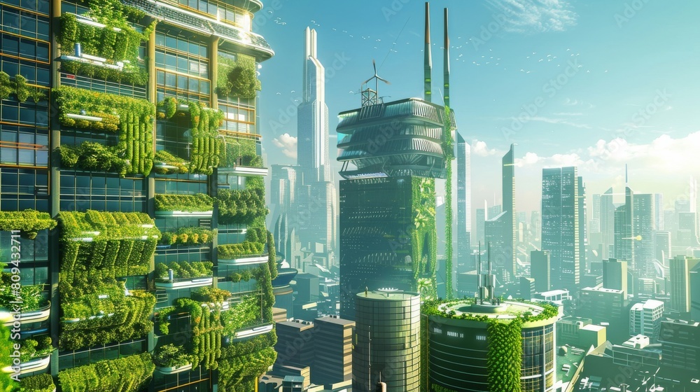 A high-rise building with a vertical garden facade, solar panels on the ...