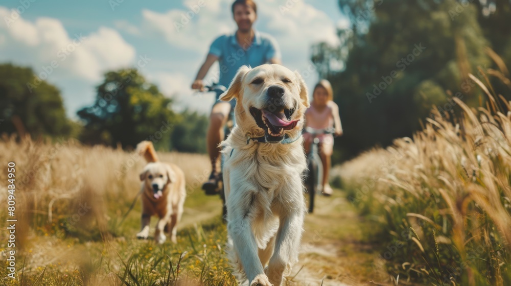 A joyful family enjoying a bike ride together with their dog running ...