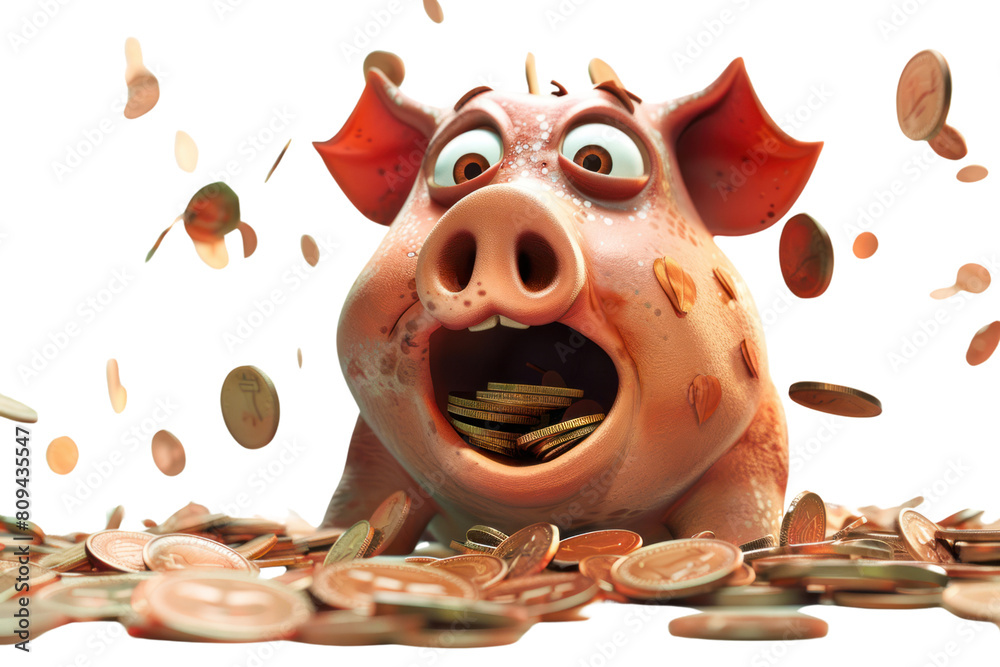 A playful cartoon illustration of a piggy bank eagerly swallowing a ...