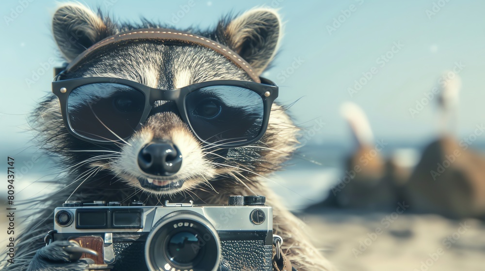 A mysterious raccoon photographer snapping photos on the beach, with ...