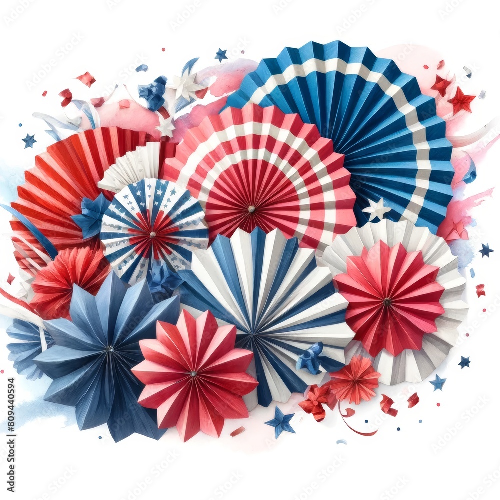 Watercolor of A vibrant arrangement of red, white, and blue paper fans ...