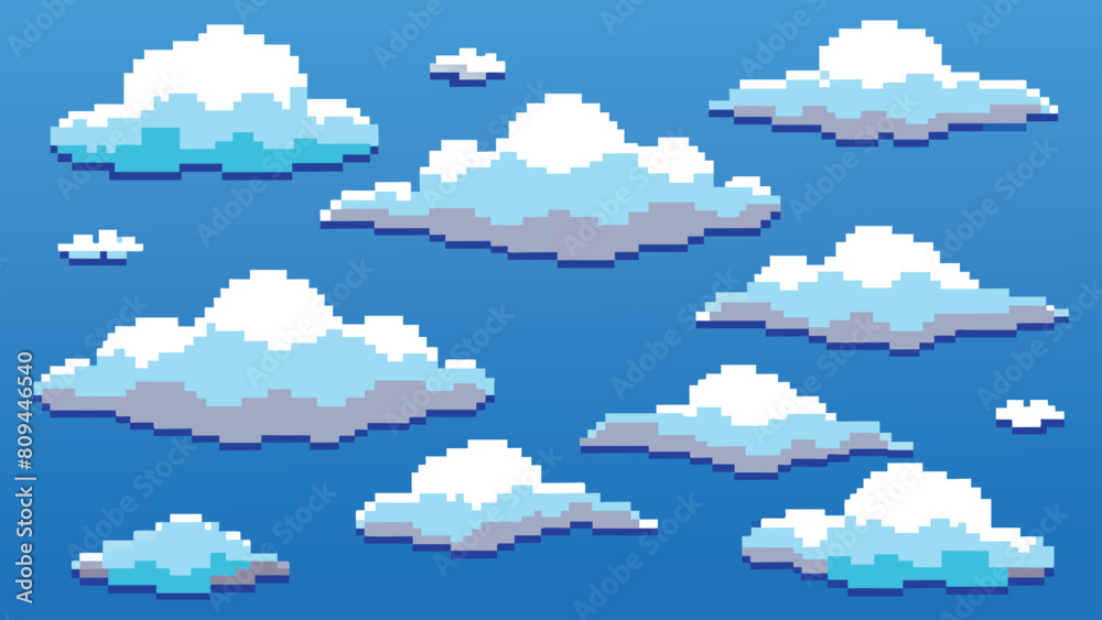 Pixel cloud. Game animation 8bit sky, digital cloudy retro scene, flying white computer clouds ...