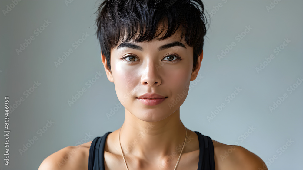 Pixie Cut Zen: Asian Woman in Yoga Attire, Short Hair Serenity: Asian ...