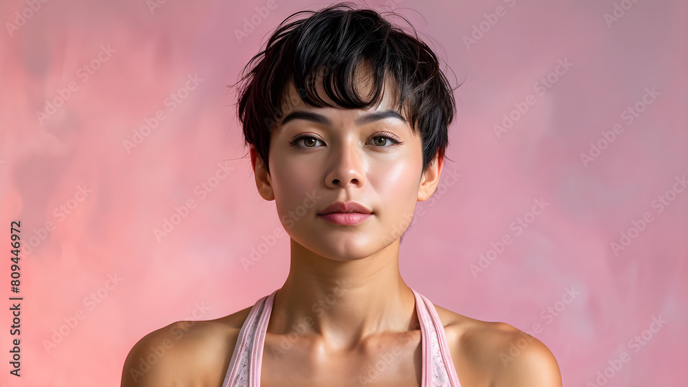 Pixie Cut Zen: Asian Woman in Yoga Attire, Short Hair Serenity: Asian ...