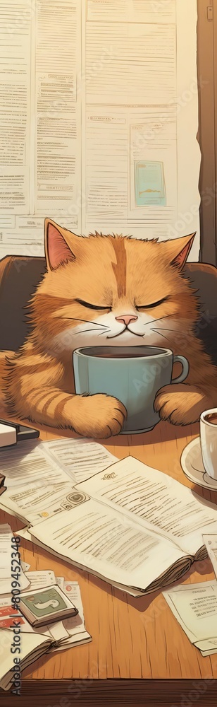 Humorous illustration of a cat sprawled over an office desk, coffee ...