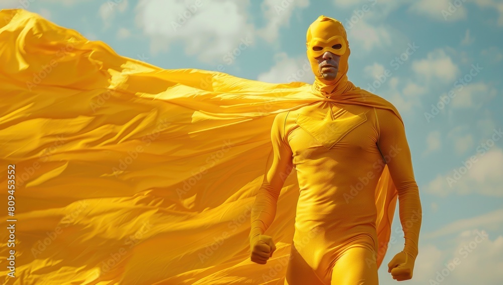 Create a mock superhero portrait of the yellow figure, complete with a ...