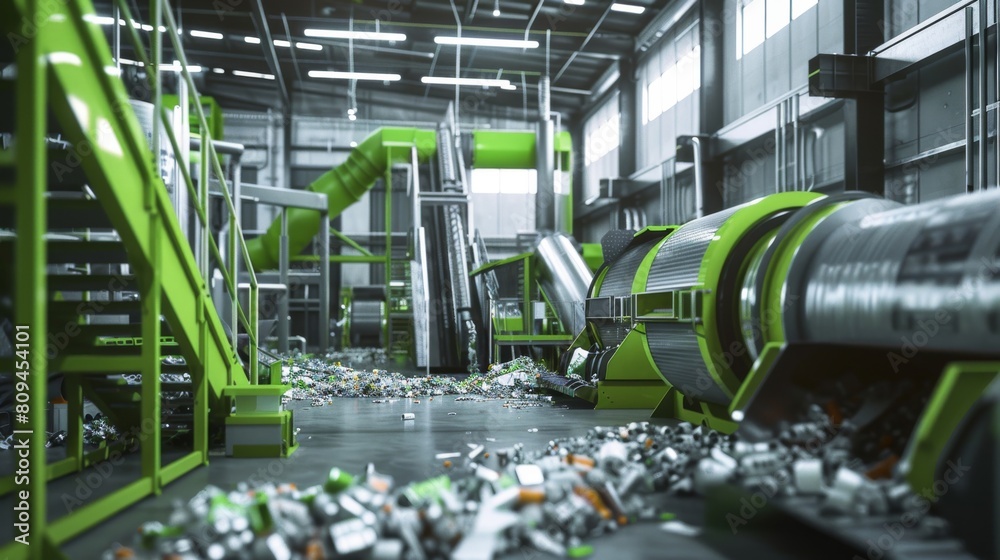 dynamic scene of a modern waste management facility in a 3D digital art ...