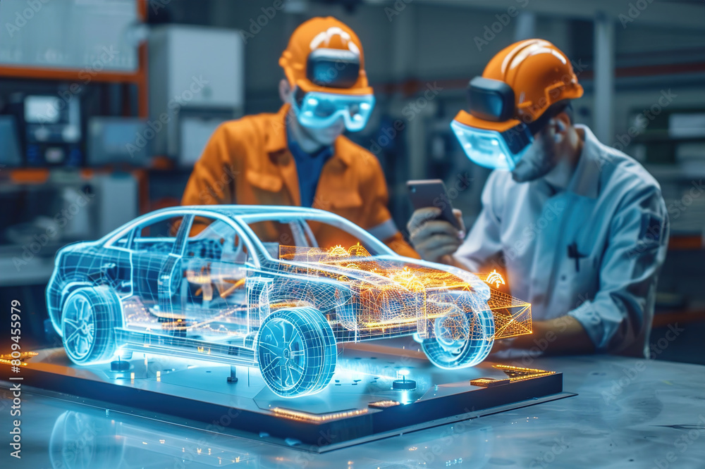 Factory workers examine digital twin model for machinery optimization in manufacturing plant ...