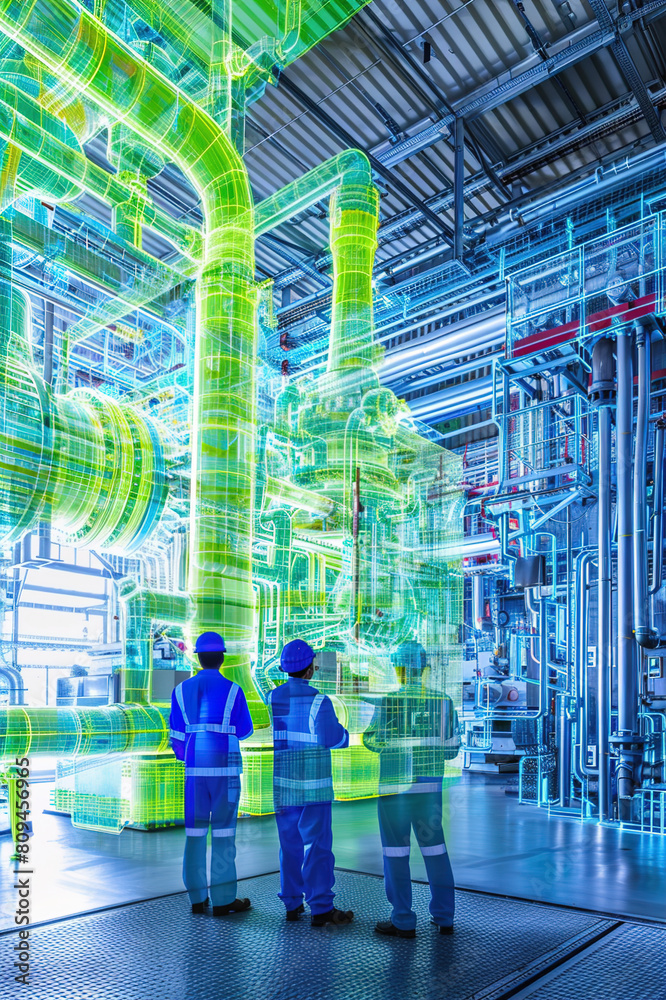 Factory workers examine digital twin model for machinery optimization ...