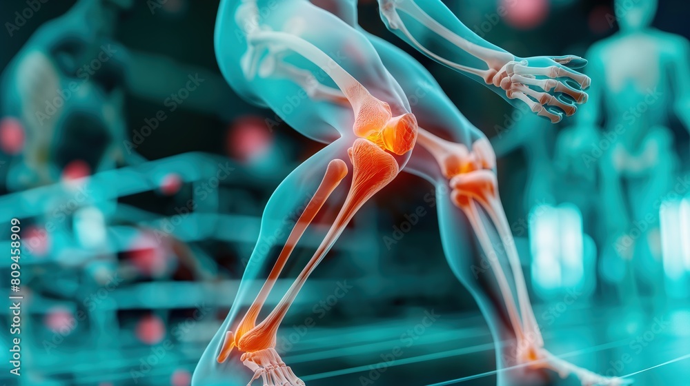 X-ray illustration of a knee,s a running man with painful knee joint ...