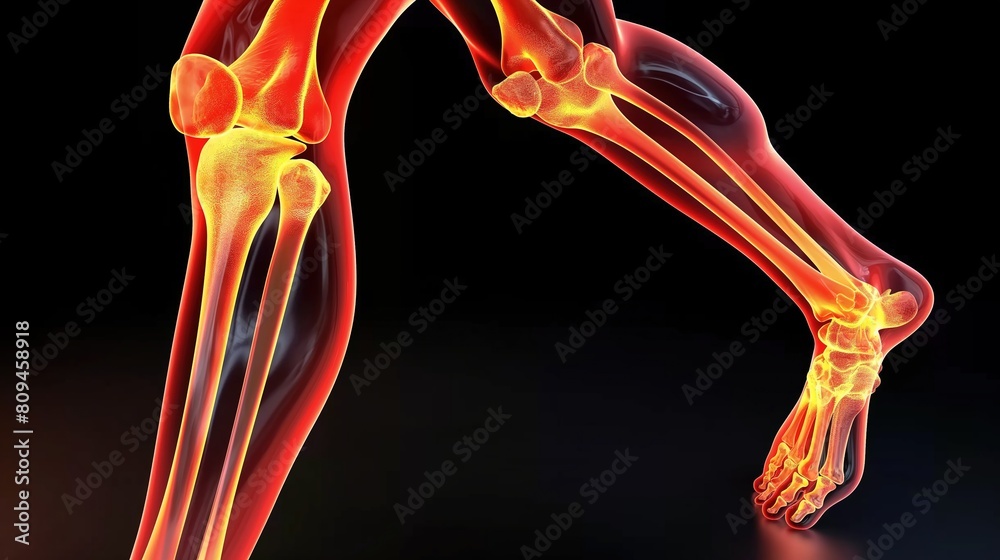 X-ray of the lower leg and foot are shown in red and yellow. The image ...