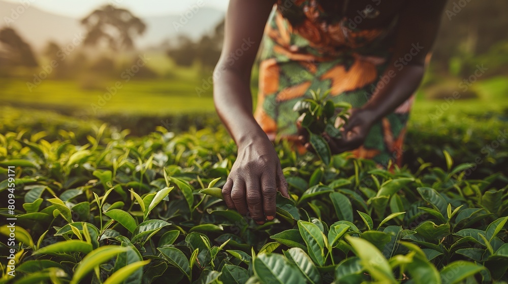 Hands of African woman collects at a tea plantation pickers tea leaves ...