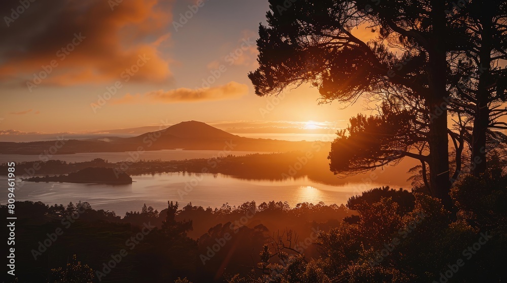 Rangitoto Mountain at Sunrise Capturing the Contrast of Light and Dark ...