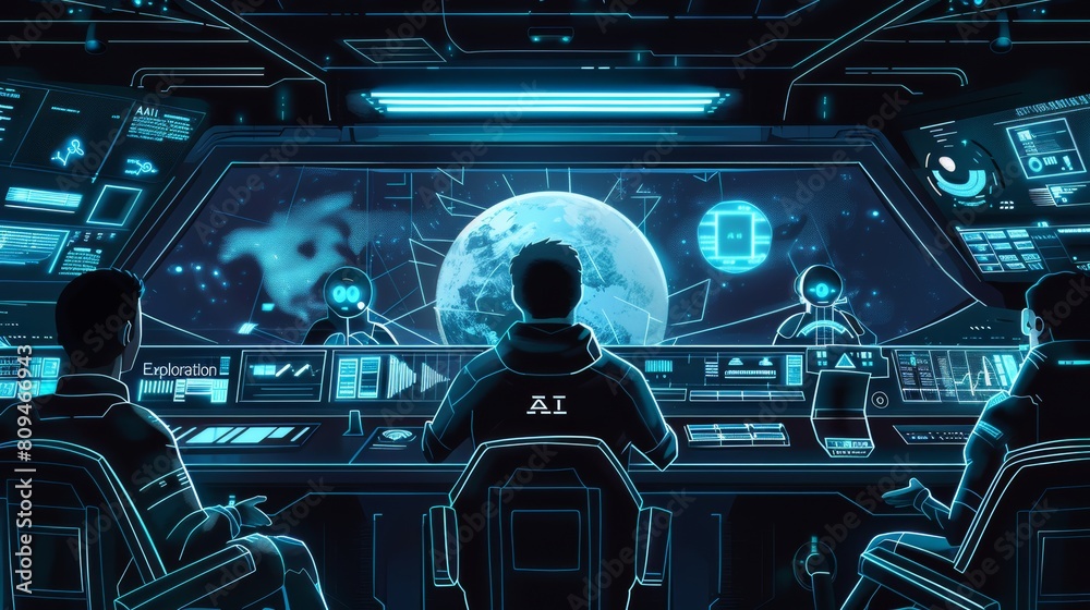 space station control room in a sci-fi style, with astronauts and AI ...